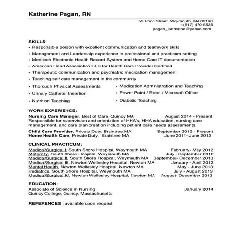Katherine Pagan's Resume | PDF | Medical Health