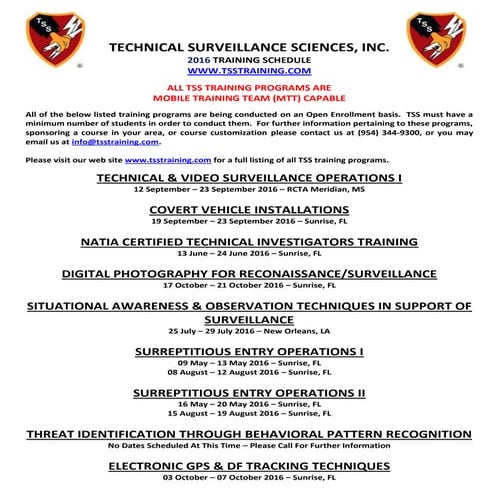 TSS 2016 TRAINING SCHEDULE | PDF