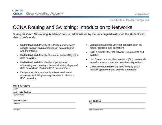 CCNA Introduction to Networks Cerificate of completion | PPT