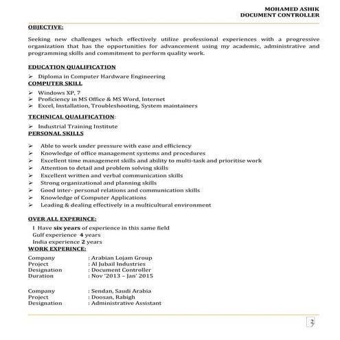 DOCUMENT CONT CV CV-Mohamed Ashik com doc | PDF
