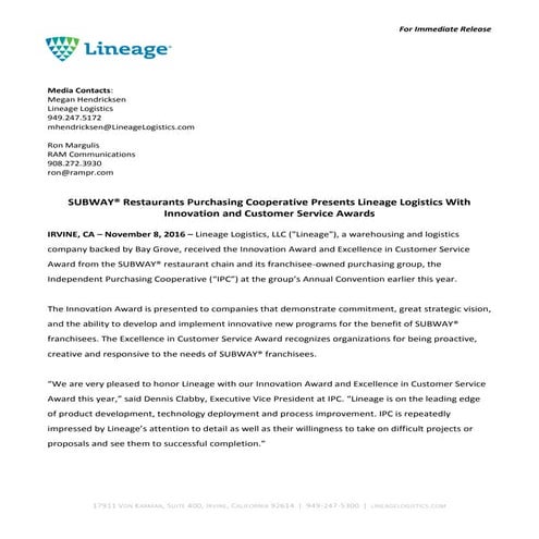 Lineage Press Release_Subway awards vf | PDF