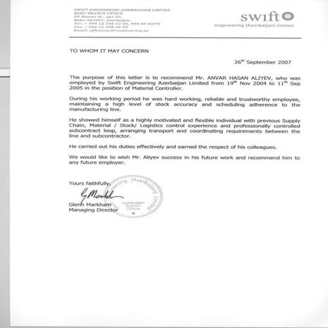 Reference Letter from Swift | PDF