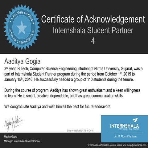 Internshala Student Partner 4.0 Certificate | PDF