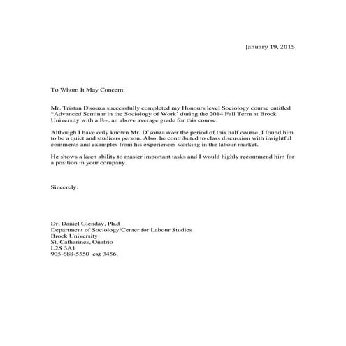 Tristan D'souza Reference by Dr. Glenday | PDF