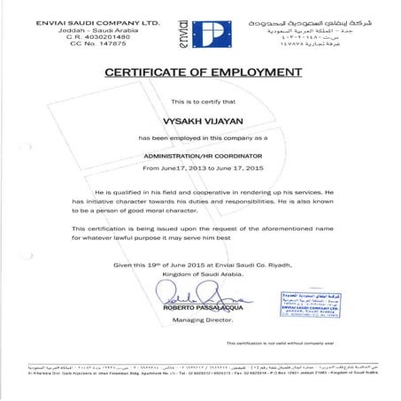 vysak employment certificate | PDF