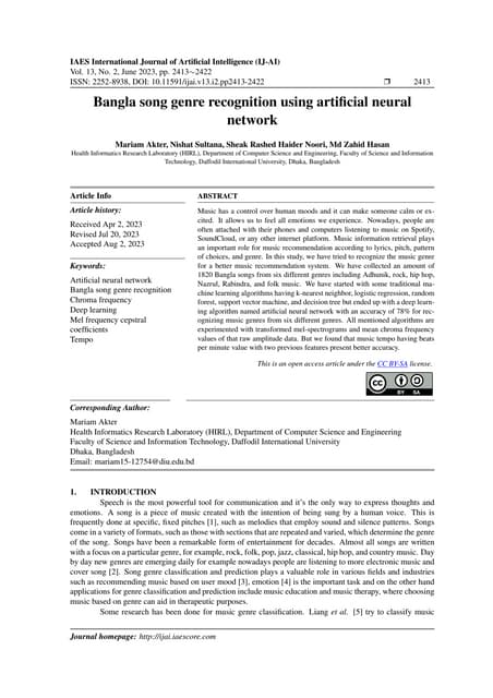 Bangla Song Genre Recognition Using Artificial Neural Network Pdf 2536