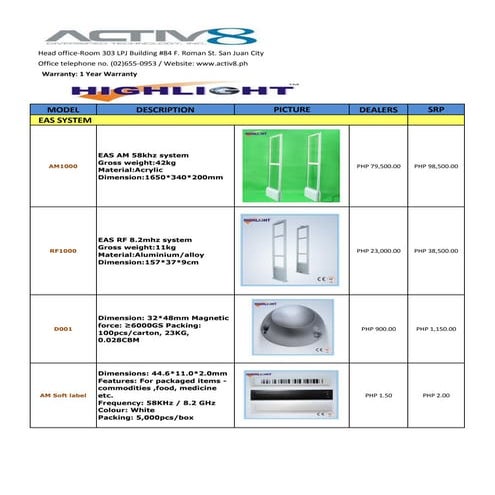 Activ8 EAS System BP-DP-SRP Pricelist | PDF