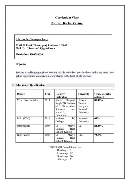 MSc fresher resume | DOC