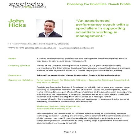 Spectacles Coaching Profile John Hicks | PDF