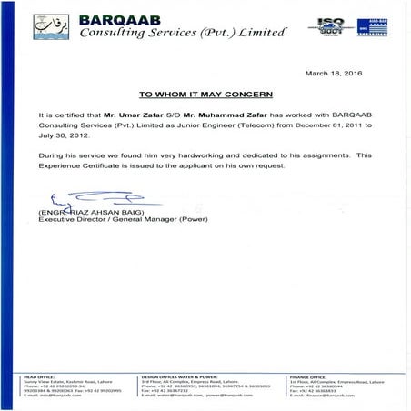 Barqaab Experience Letter | PDF