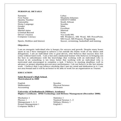 CV OF MOJALEFA LEBEA | DOC