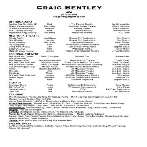 Craig Bentley Acting Resume | PDF