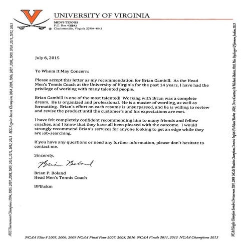 Brian Boland Reference Letter - UVA Head Men's Tennis Coach | PDF ...