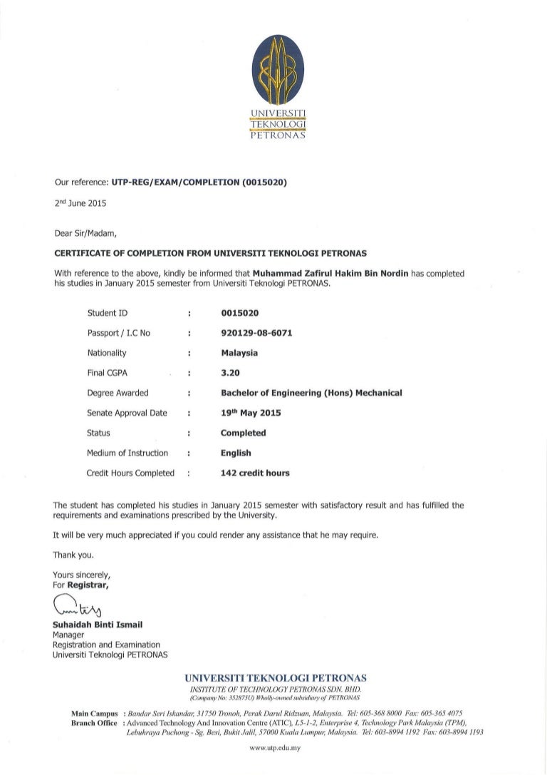 University study completion Letter