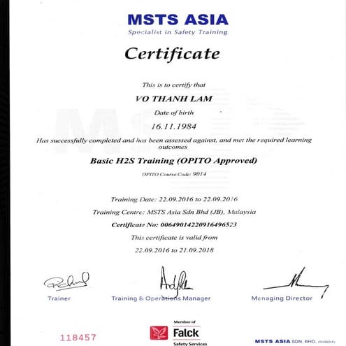 Vo Thanh Lam - H2S Certificate | PDF