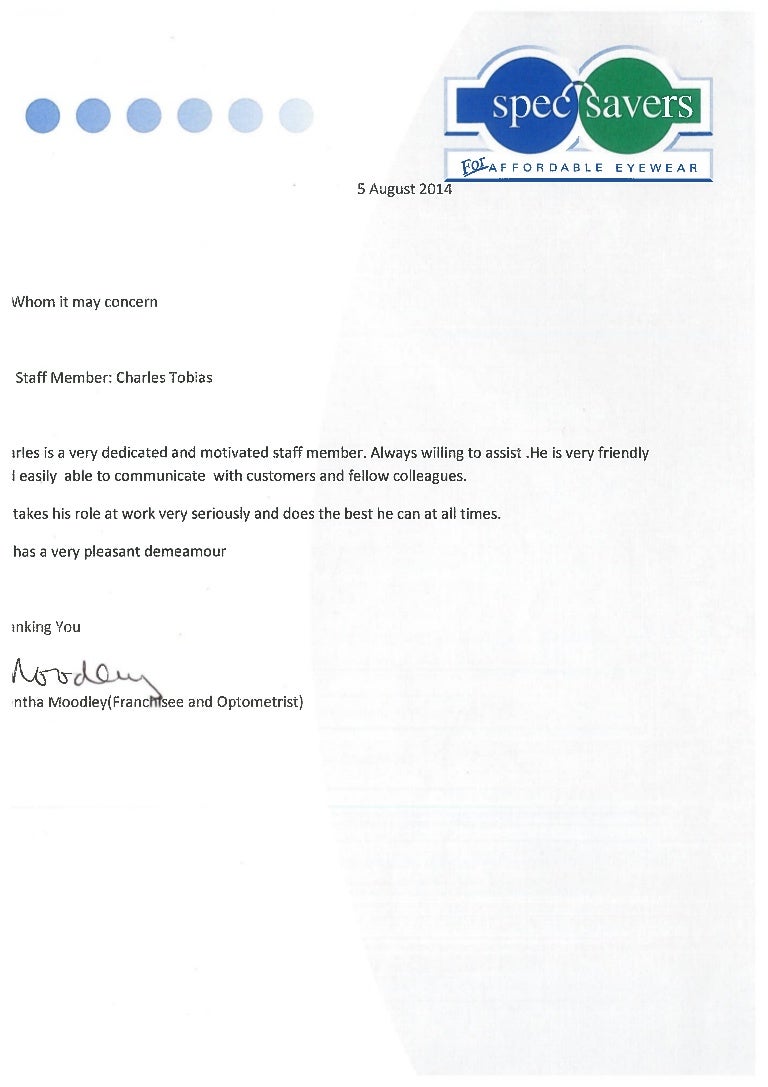 Spec Savers Reference Letter