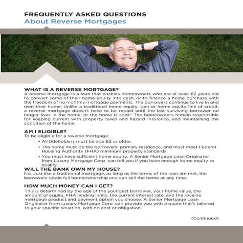 FREQUENTLY ASKED QUESTIONS about Reverse mortgages | PDF