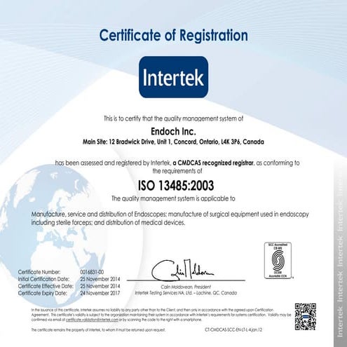 EndocH Inc ISO 13485 Certificate | PDF