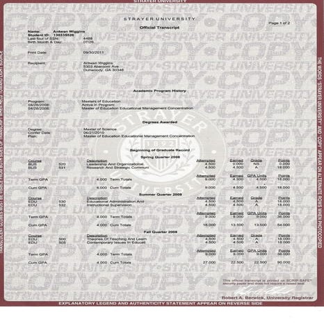 Strayer University Grad school transcript | PDF