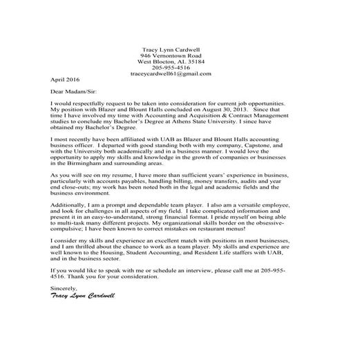 Cardwell Cover Letter Job Seeking | DOC