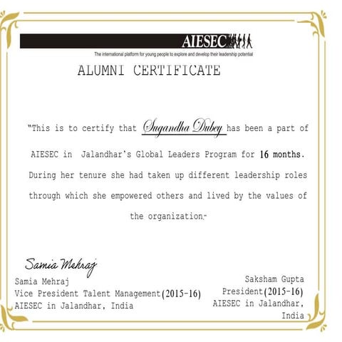Alumni Certificate Sugandha | PDF