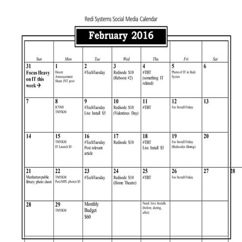 Redi Systems Social Media Calendar Feb. 2016 | PPT