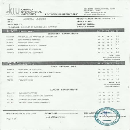 KIU result slip | PDF