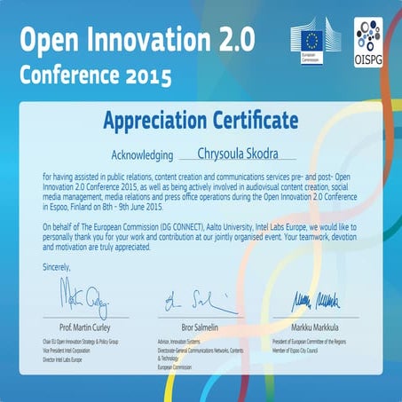 Open Innovation Conference 2015 Certificate Chrysoula Skodra | PDF