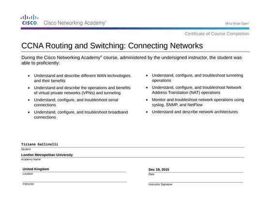 CCNA Routing and Switching - Certificate of Completion | PDF