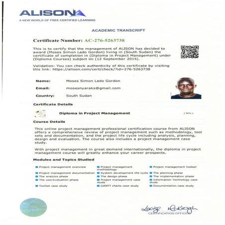 ACADEMIC TRANSCRIPT DIPLOMA IN PROJECT MANAGEMENT 1 | PDF