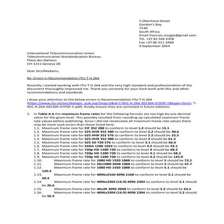 Errors in Recommendation ITU-T H.264