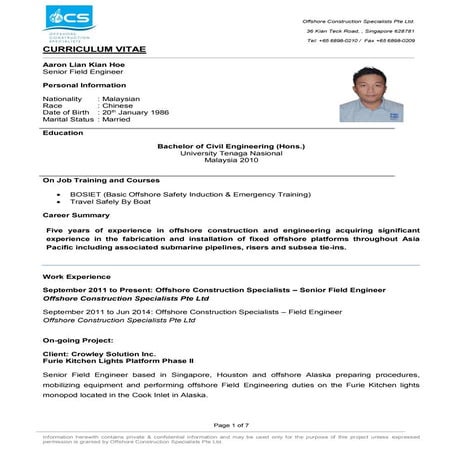 OCS CV Field Engr_Aaron Lian Kian Hoe_April 15 | PDF