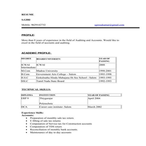 GIRI RESUME | DOC | Resume Writing and Advice | Job Search