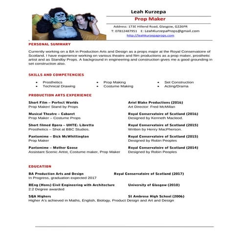 Prop Making CV - Leah Kurzepa | DOC