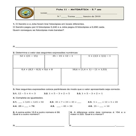 5ºano Mat Expressões Numéricas Mat5 Pdf