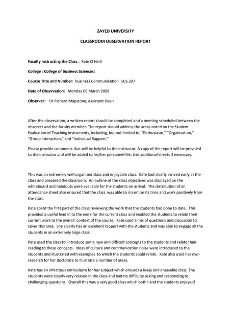 Classroom observation report cover page