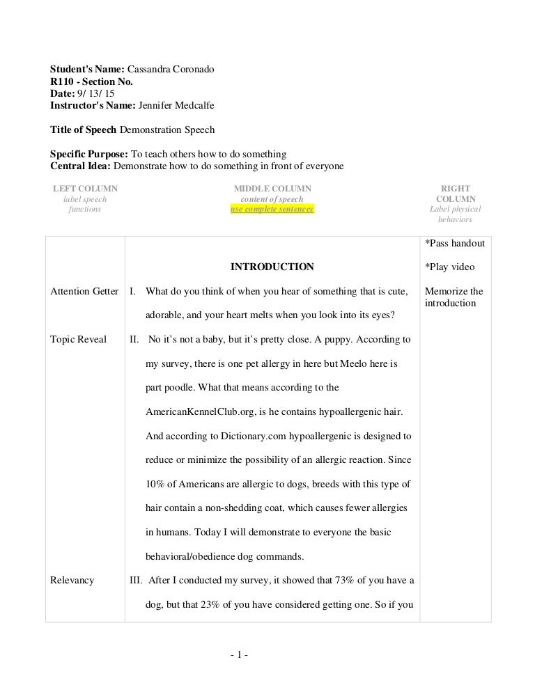 Demonstration Speech Outline Demonstration Speech Outline