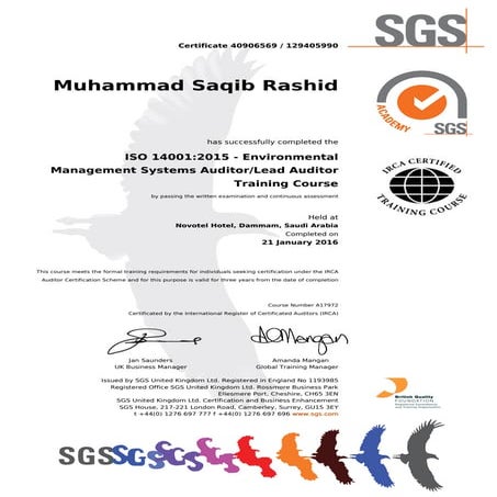 Saqib_Rashid ISO 14001.2015 Lead Auditor Certificate | PDF