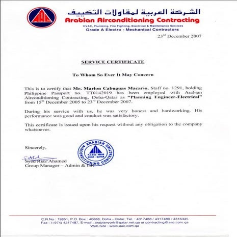 Arabian Aircondining Contg_qatar employment certificate | PDF