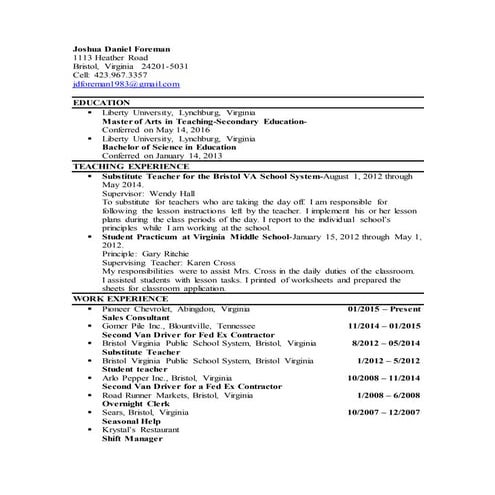 Foreman Joshua CV Resume | DOCX