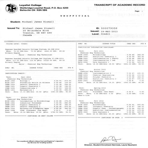 Michael Kiomall Loyalist CollegeTranscript | PDF