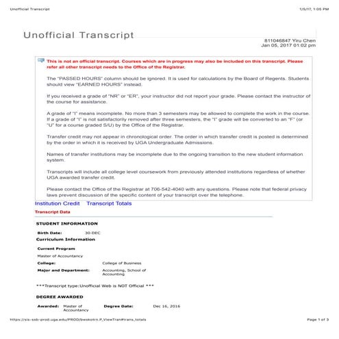 UGA MAcc Unofficial Transcript | PDF | Undergraduate Education ...