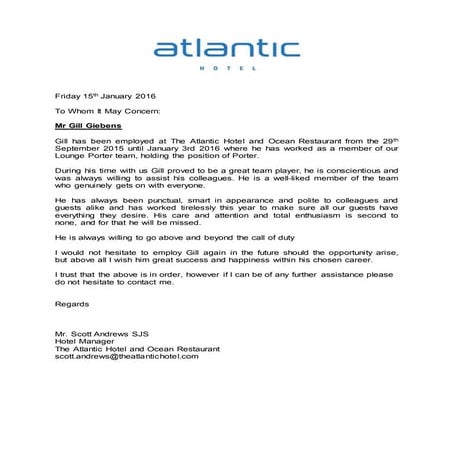 Reference letter Atlantic Hotel | DOCX