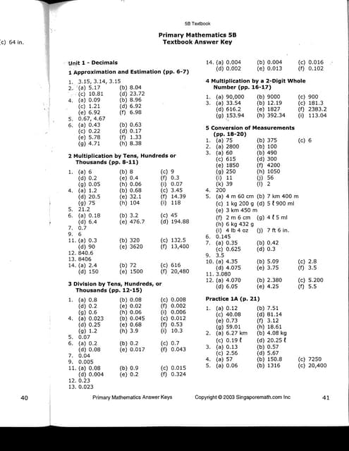 Singapore Math - 5A - Answer Keys | PDF