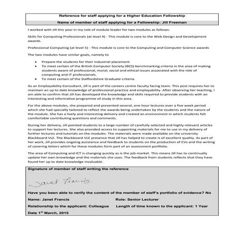 Reference for JILL FREEMAN applying for a Higher Education Fellowship ...