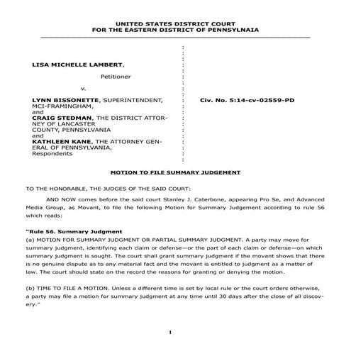 Lambert MOTION to File SUMMARY JUDGEMENT by Movant Case No. 5-14-cv ...