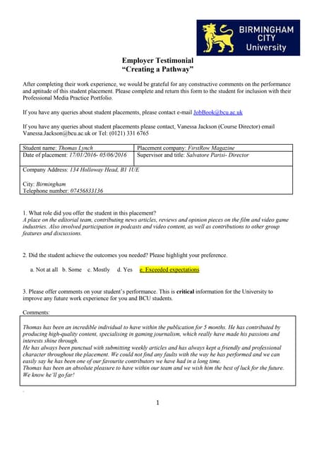 Letter of Recommendation NAB Internship 2016 - Vreeland | PDF