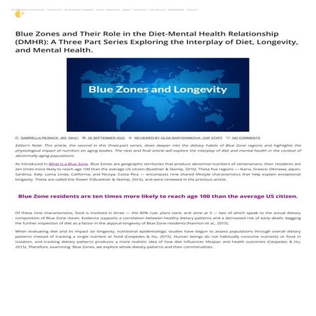 Blue Zones and Their Role in the Diet-Mental Health Relationship | PDF