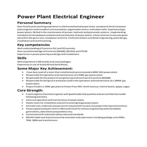 Power plant electrical engineer | DOCX