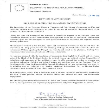 Emmanuel Chenge- Commendation letter | PDF